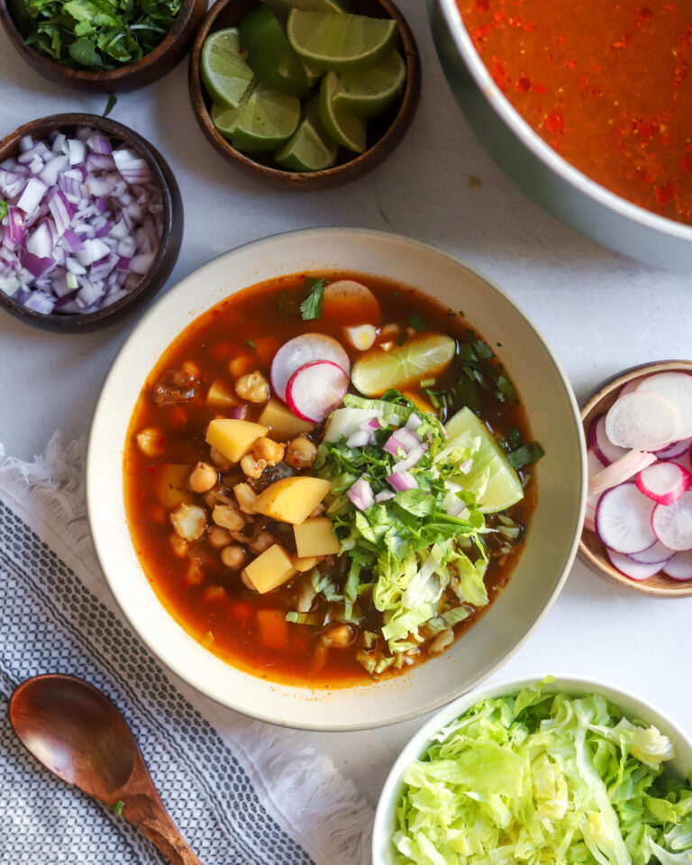 Easy Vegan Pozole Rojo Recipe (Mexican Hominy Stew) - BetterFoodGuru