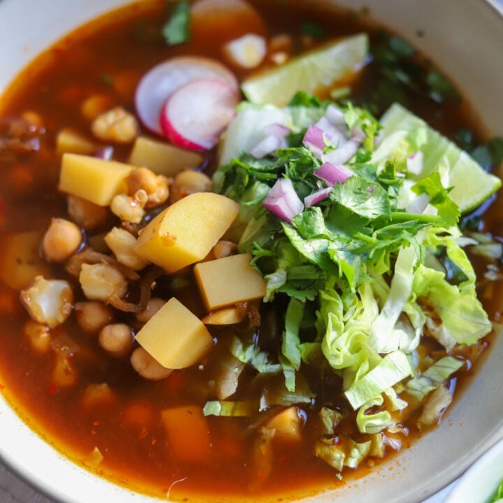 Easy Vegan Pozole Rojo Recipe (Mexican Hominy Stew) - BetterFoodGuru